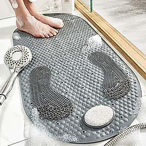 MOLFUJ 32"X16" Foot Scrubber Shower Mat with Feet Scrub Stone, Oval Bathtub Mat with Antislip Suction Cups and Drain Holes, Non Slip with A Pumice Stone for Feet Massage - Grey