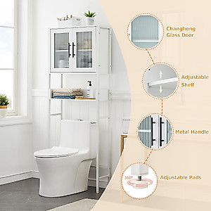 coucheta Over The Toilet Storage Cabinet, Bathroom Above Toilet Storage Cabinet with Glass Doors, Adjustable Shelves, Large Capacity Bathroom Organizer, White
