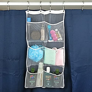 Mesh Shower Curtain Organizer Bag，6 Pockets Hanging Caddies Quick Dry Bathroom Shower Curtain Rod/Liner Toy Shampoo-Soap-Razor Holder Hanger Storage Pocket with 4 Hanging Ring 2 Suction Cup Hooks