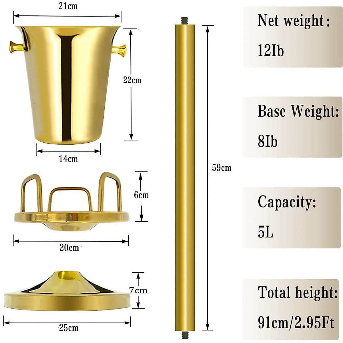 Ice Bucket with Stand 201 Stainless Steel Ice Bucket Standing Hammered 13Lbs Gold Ice Bucket with Carrying Handle for Wine Champagne Beer KTV Clubs Bar Parties (Total Height: 91cm,5L)