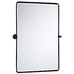 TEHOME 27 x 35 inch Farmhouse Large Black Metal Framed Pivot Rectangle Bathroom Mirror Rounded Rectangluar Tilting Beveled Vanity Mirrors for Wall