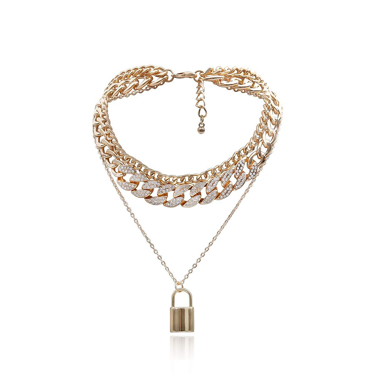 COLORFUL BLING Shiny Hip Hop Rhinestone Cuban Link Chain Lock Pendant Necklace With Bracelet Set Punk Cubic Zircon Layered Choker Necklace for Women Unisex Jewelry-A gold
