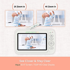 Heart of Tafiti 5" HD Baby Monitor, 720P Night Vision, No WiFi, Low EMF, Auto Noise Reduce, Quad View, VOX/Voice Activation, Long Battery Life, 1000ft Range, Aqua 50.