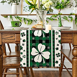 Artoid Mode Green Clover Buffalo Plaid Shamrocks St.Patrick's Day Table Runner, Seasonal Kitchen Dining Table Decoration for Indoor Home Party 13x72 Inch