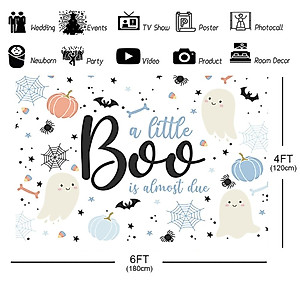 Ticuenicoa 6×4ft Halloween Baby Shower Backdrop A Little Boo is Almost Due Blue Ghost Bat Pumpkin Boys Kids Hey Boo 1st Birthday Party Photography Background First Birthday Party Banner Decor