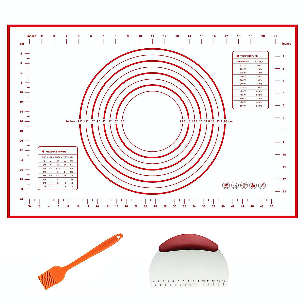 Silicone Dough Mat Non Stick Pastry Mat with Measurement Silicone Mats for Kitchen Counter Reusable Baking Mat Pie Crust Mat with Oil Brush and Dough Scraper(24" x 16",Red)