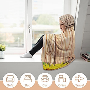 Warm Blanket, Wooden Wearable Hooded Blanket for Adults, Fence Garden Yard Summer Spring Daisy Flowers, Soft Warm Cozy, 60 x 80inches, Studying Reading Snuggling Napping Office, Brown Green Yellow