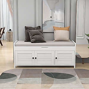 RUNNA Storage Bench with 3 Shutter-Shaped Doors Wood Entryway Bench Shoe Bench with Removable Cushion and Hidden Storage Space Saving,Great for Foyer entrances (White#1)