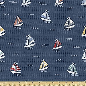 Ambesonne Maritime Fabric by The Yard, Minimal Colorful Sailboats Pattern of Line Art Waves Ocean Themed, Decorative Fabric for Upholstery and Home Accents, 1 Yard, Dark Sky Blue Multicolor