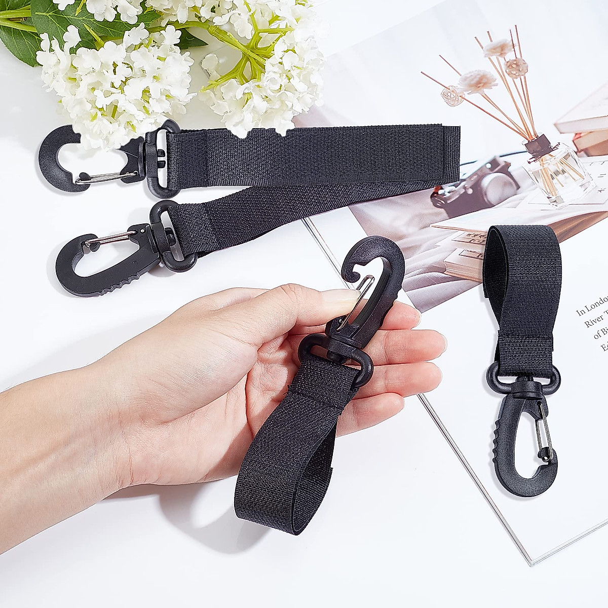 arricraft 4 Pairs Stroller Hooks, Black Stroller Buckle with Magic Taps, 360-degree Rotating, Plastic & Nylon Clasps for Stroller Accessory Shopping Cart Hook Accessories