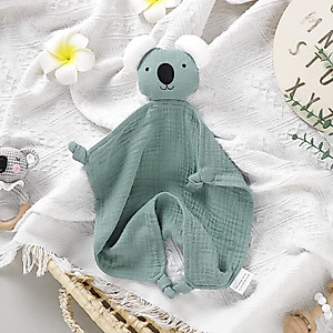 LAWKUL Baby Loveys Security Blankets Organic Cotton Muslin Soft Lovie Cuddly Lovies for Infants Unisex Boy Girls Koala Green