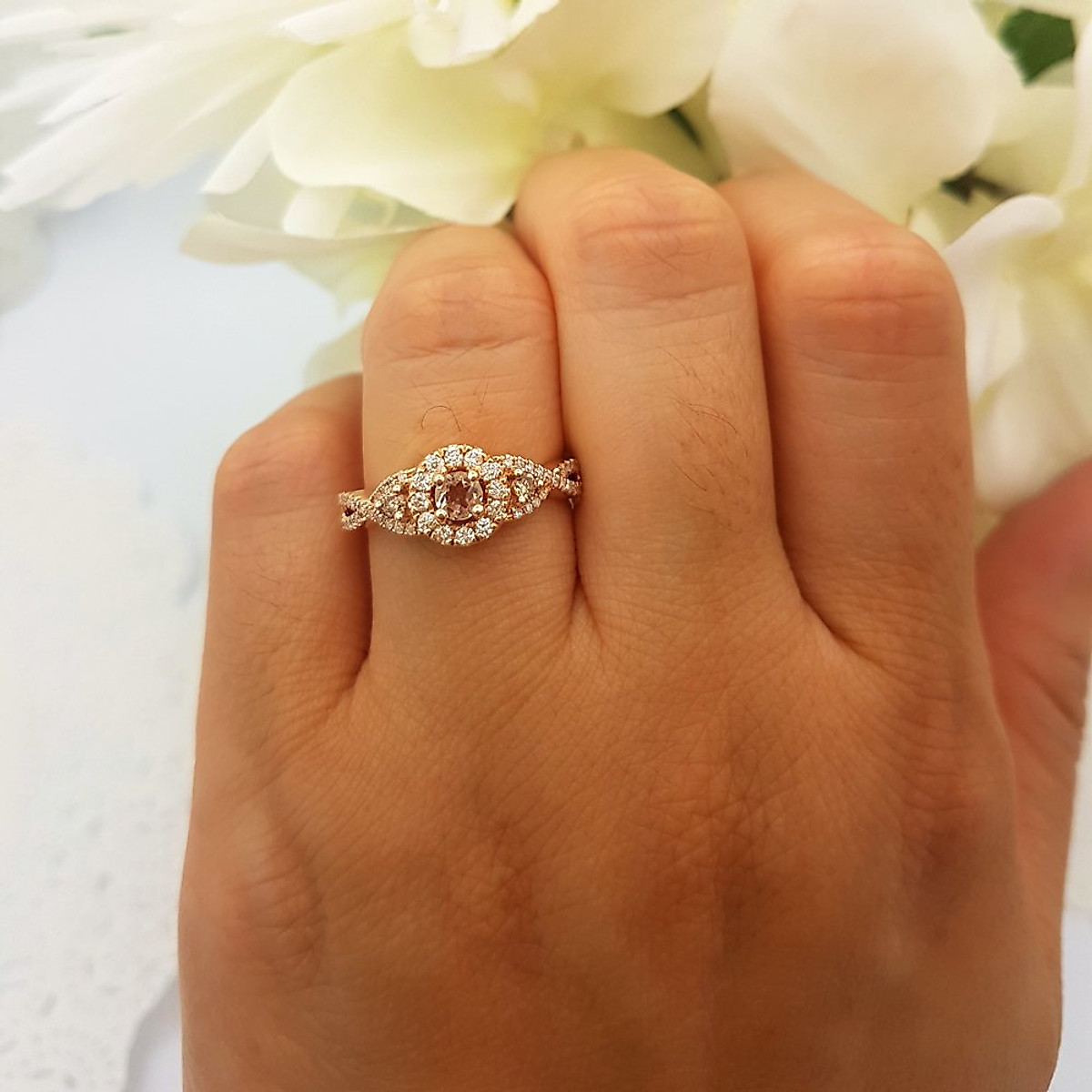 Dazzlingrock Collection Morganite,Champagne & White Diamond 3 Stone Swirl Halo Engagement Ring in 10K Rose Gold, Size 7