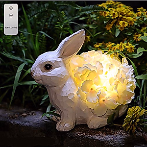 HDNICEZM Garden Statue Cute Rabbit Figurine with Flower Lights Warm White LED -Battery Powered Remote Control Rabbit Statue Night Light Home Garden for Backyard Pathway Patio