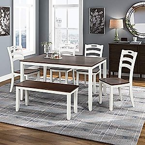 Harper & Bright Designs 6 Piece Dining Table Set with Bench, Wood Kitchen Table Set with Table and 4 Chairs, Ivory White and Cherry