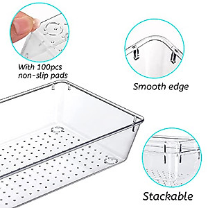 25 PCS Clear Drawer Organizers Set, 4 Sizes Plastic Vanity Drawer Organizers and Storage Bins, Desk Drawer Organizer Trays with Non-slip Silicone Pads for Makeup
