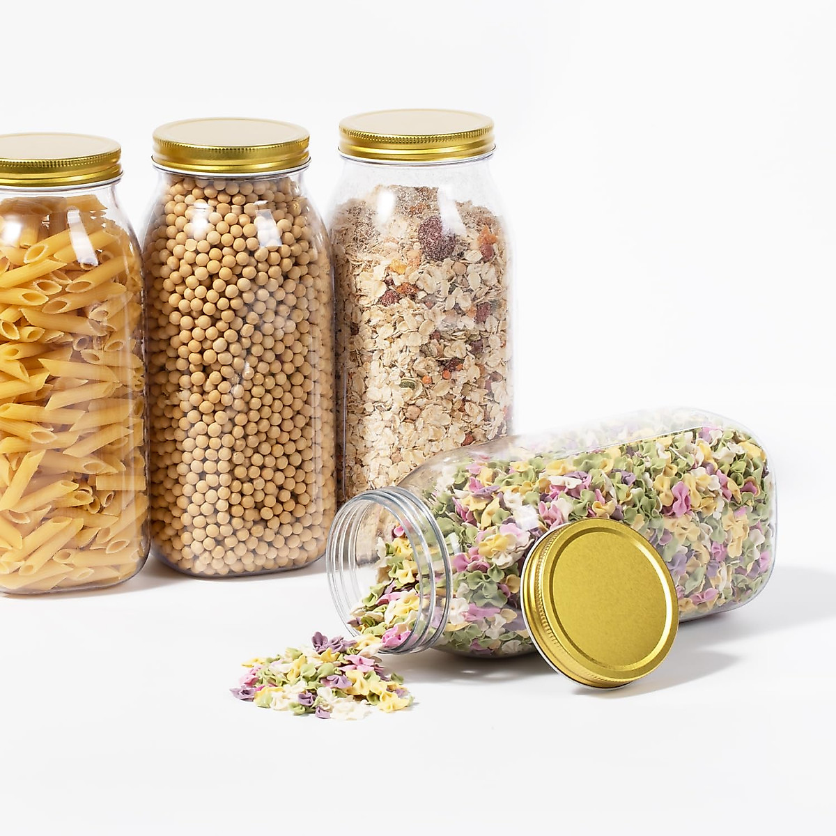 OMNISAFE 64 Ounce Clear Plastic Mason Jars With Screw On Lid, Reusable Empty Jars for Food Storage, BPA Free Containers for Sealing, Dry Food, Snacks, Candies, Breakage-proof, (Gold - 4 Pack)