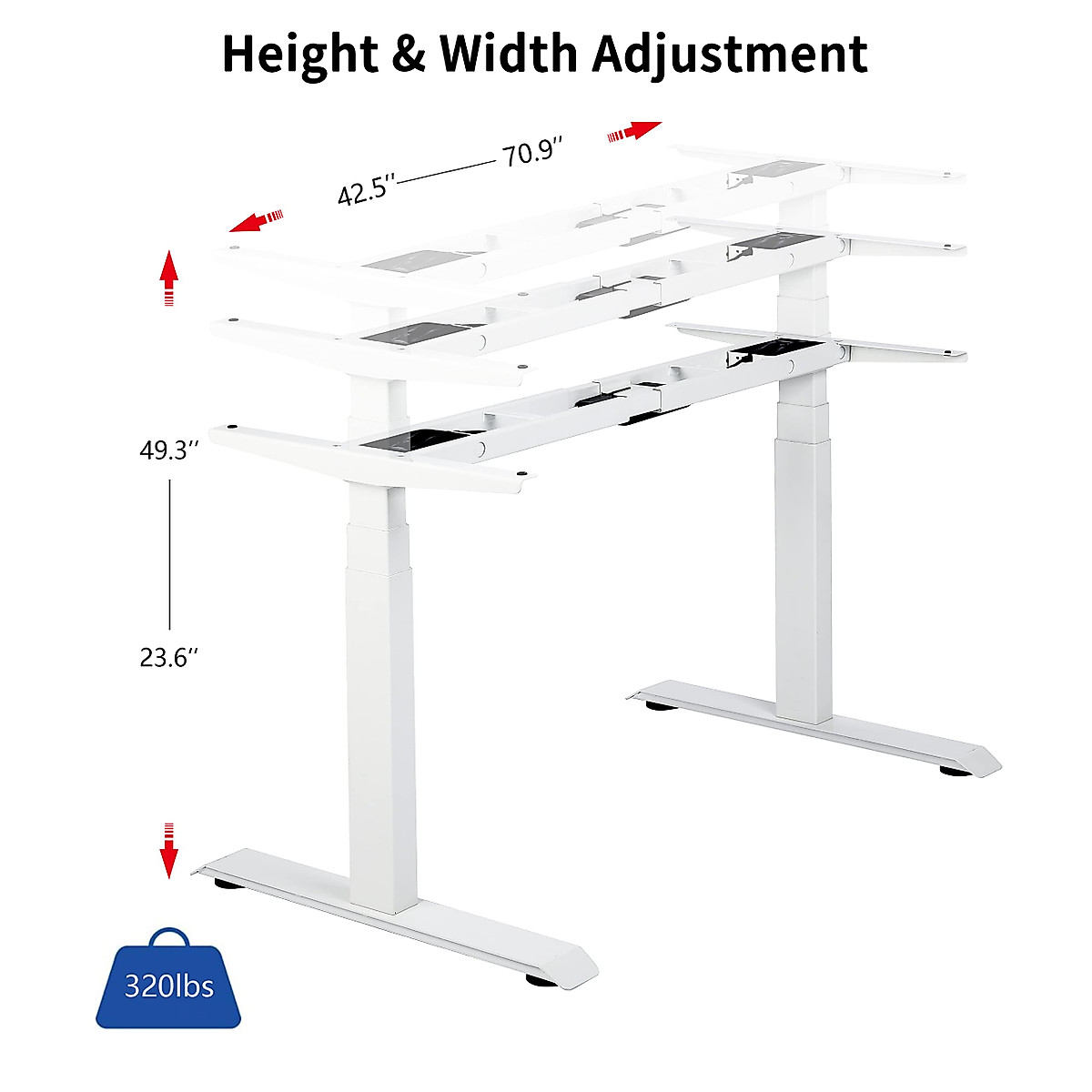 VWINDESK VJ201-S3 Electric Height Adjustable Sitting Standing Desk Frame Only/Sit Stand - Dual Motors 3 Segment Motorized Desk Base Only,White