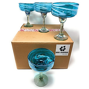 Dos Sueños Mexican Hand Blown Glass – Set of 4 Hand Blown Margarita Glasses Aqua Swirl (16 oz)