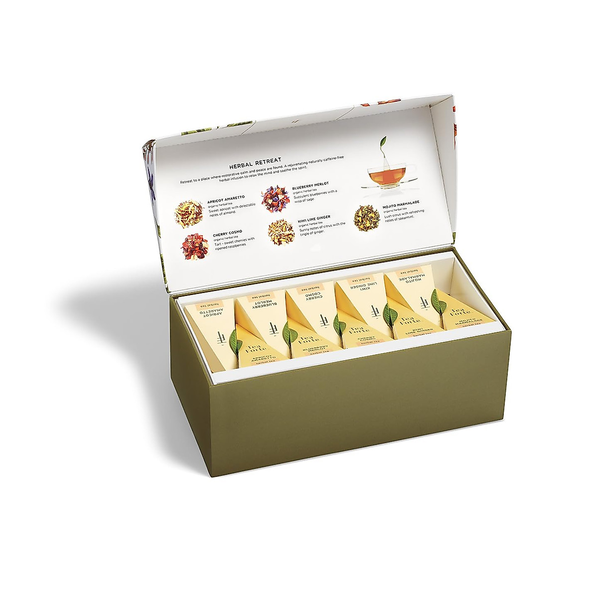 Tea Forte Presentation Box Tea Sampler Gift Set, 20 Assorted Variety Handcrafted Pyramid Tea Infuser Bags (Herbal Retreat)
