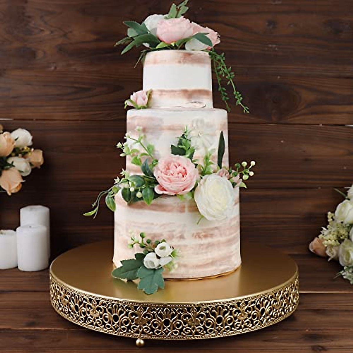 Efavormart 16" Round Lace Gold Metal Wedding Cake Stand, Dessert Display Stand Glossy Metallic Finish for Dessert Cupcake Pastry Candy Display Plate Event, Birthday Party