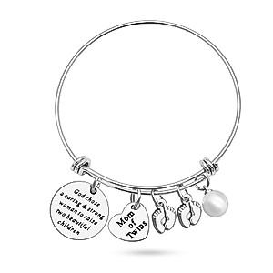 Twin Mom Gift Twins Gift for Women Mom Twins Jewelry Gift God Chose A Caring & Strong Woman to Raise Two Twin Mom Jewelry Footprint Charm Expandable Bracelet Mother's Day Birthday Thanksgiving Gift