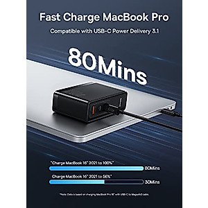 Baseus USB C Charger, 140W Wall Charger PD 3.1 with 3.3ft USB C to C Cable, 3-Port GaN5 Charger for Laptops, iPad, iPhone 14/13 Series, Galaxy, MacBook Pro 16'', Steam Deck, Black