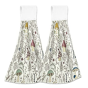 Kigai Mushroom Hanging Kitchen Hand Towels Set of 2, Absorbent Soft Dish Towel with Loop Coral Fleece Dish Cloth Tie Towels for Bathroom Kitchen Home Decor