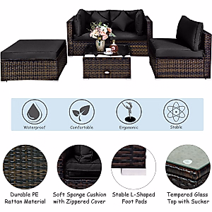 Tangkula 5 Piece Patio Rattan Furniture Set, Outdoor Sectional Rattan Sofa Set with Back & Seat Cushions, Wicker Conversation Set with Tempered Glass Table for Backyard Porch Poolside (Black)