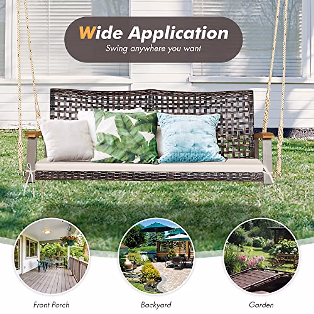 Happygrill 2-Seat Rattan Porch Swing Chair, Outdoor Wicker Swing Bench with Seat Cushion & Acacia Wood Armrests, Two 118” Hanging Ropes Included, Patio Hanging Swing Chair for Front Porch Backyard