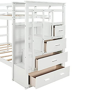 Bunk Bed Twin Over Twin, Bunk Bed with Trundle for Adults, Bunk Bed with Stairs and Storage, Kids Twin Bunk with Drawers(White)