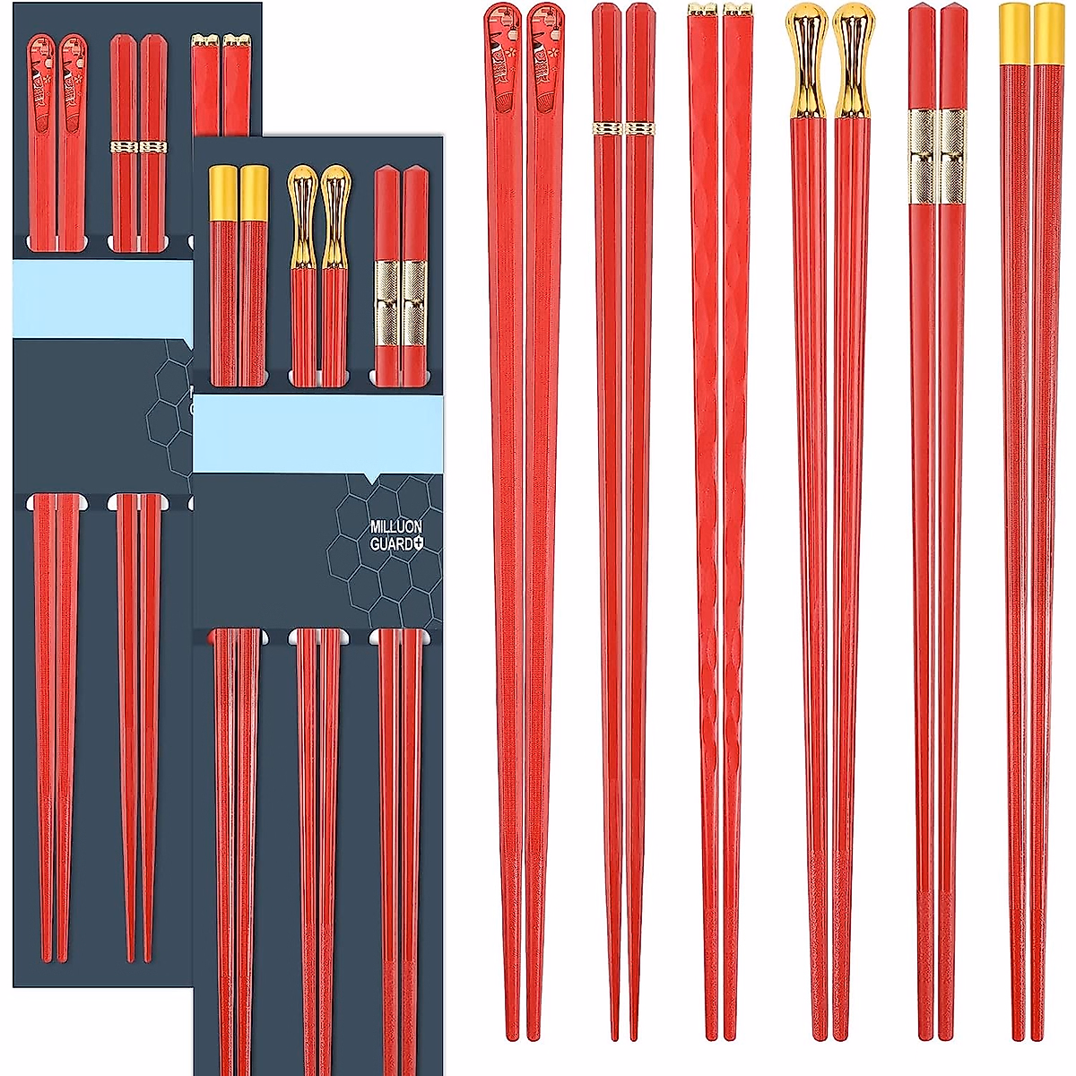 6 Pairs Red Chopsticks, Chinese Reusable Chopsticks Dishwasher Saf, 9.6in/24.3cm Anti-Slip Chop Sticks Fiberglass for Family