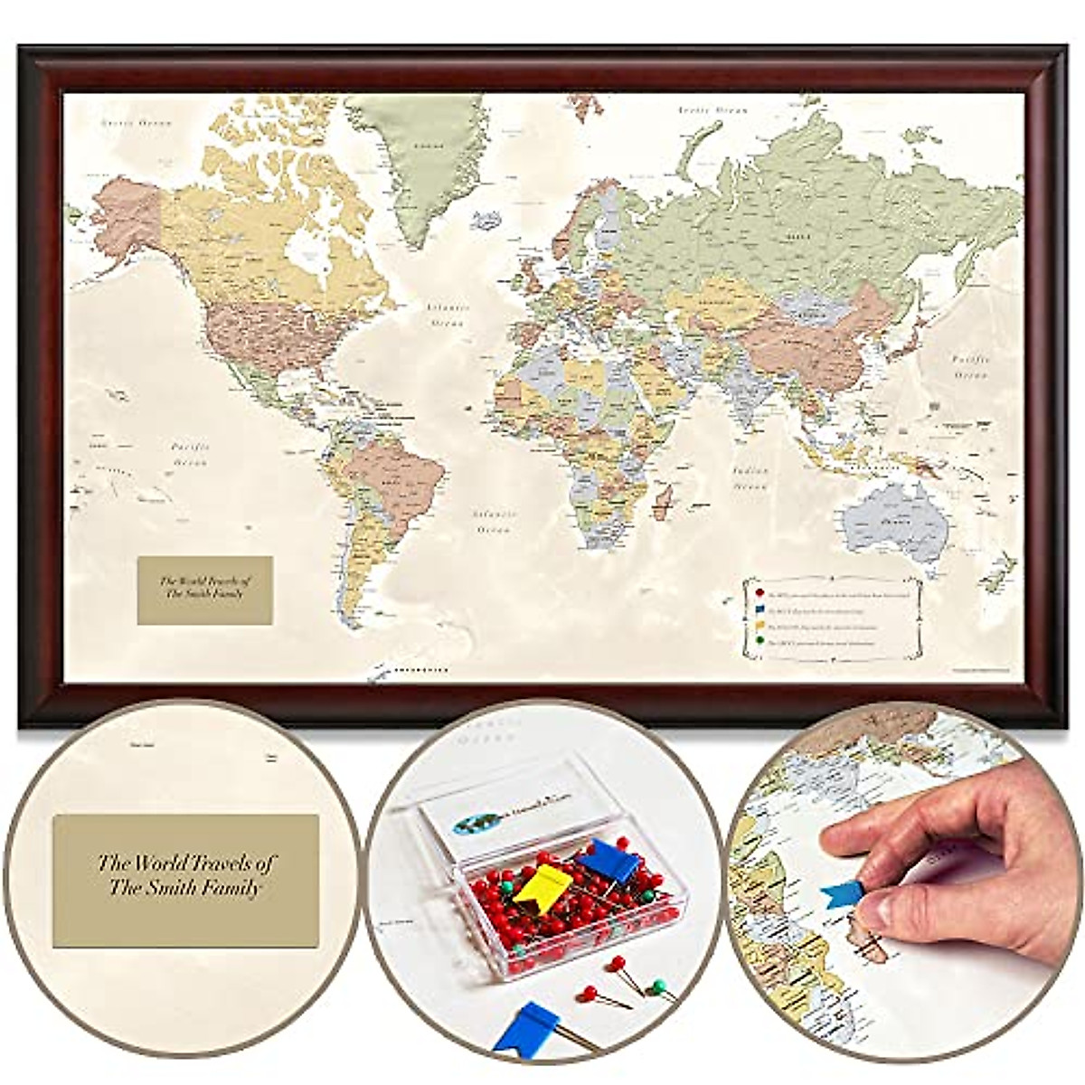 Map Your Travels Deluxe Push Pin World Map | Premium Wood Frame | Personalized Gift Map | Handmade in Minnesota | 33" x 21"
