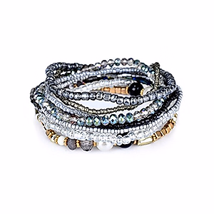 MengPa Stackable Beaded Bracelets for Women Stretch Bohemian layering Strand Statement Jewelry (Grey) G3207C