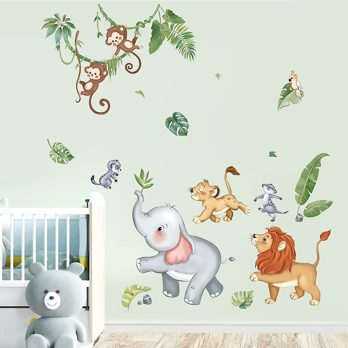 wondever Jungle Animals Wall Stickers Elephant Lion Monkey Safari Animal Peel and Stick Wall Art Decals for Kids Bedroom Baby Nursery