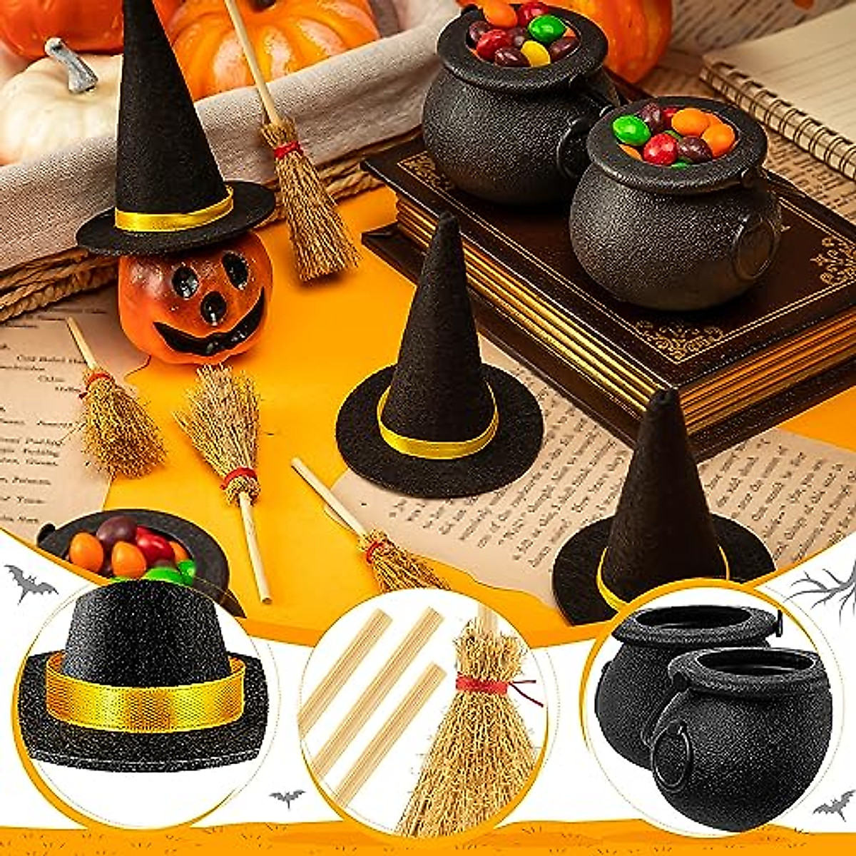 ZHWKMYP Mini Witch Hats and Brooms, 12Pcs Small Witch Hat for Crafts Kit, Witches Broom and Black Candy Cauldron Kettles for Halloween Decorations Party Supplies