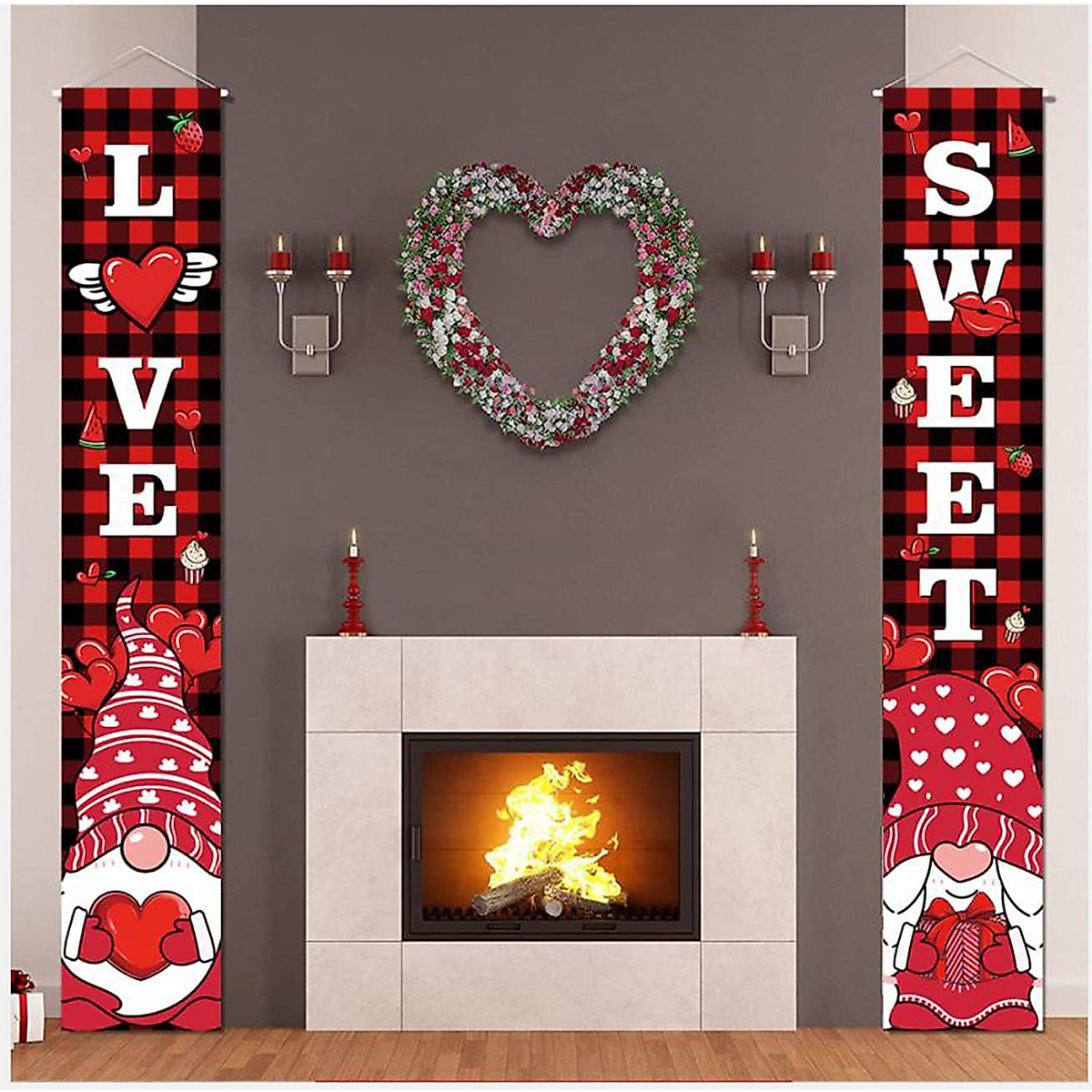 Gnome Valentine's Day Porch Sign Heart Banner Sweet Love XOXO Cutouts Door Sign Porch Sign Outdoor Indoor Be Mine Valentines Day Party Hanging Decor (RED)