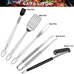 NEARPOW Heavy Duty BBQ Grill Tools Set, 18” Long Handle Grill Utensils Kit, Tongs Spatula Fork Basting Brush Cleaning Brush, Stainless Steel Barbecue Accessories Gift for Men Grilling Cooking Camping