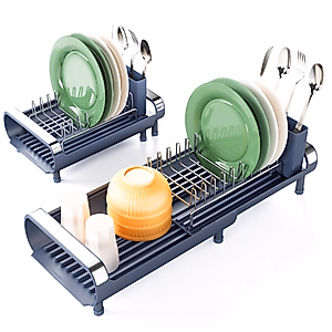 Dish Drying Rack, Kitchen Counter Small Dish Drainers Rack Expandable(11" to 19.3"), in Sink Dish Drying Rack Auto-Drain Compact Stainless Steel Dish Strainers with Utensil Caddy, Grey