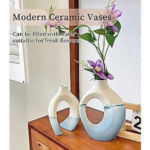 GOLDTIMO White Ceramic Vase, Modern Home Décor Vase Set of 2, Circle Matte Hollow Donut Pampas Flower Vases Nordic Boho Ins Style for Wedding Dinner Table Living Room Office Bedroom décor