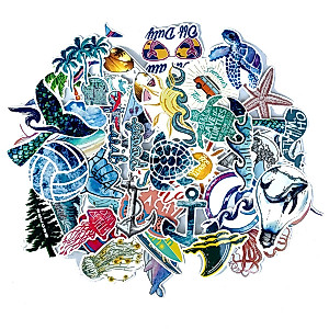 Beach Stickers 50pcs, Blue Surfing Waves Fresh Lively Turtle Laptop Water Bottle Decals Cartoon Vitality Aesthetic Sticker Pack for Teen Girl (Beach Surfing)