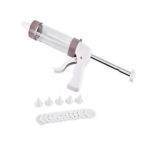 FRJ Transparent multi-function cookie pressure spray gun kit with 13 discs and 6 icing tips, perfect for DIY cookie making and cake frosting decoration