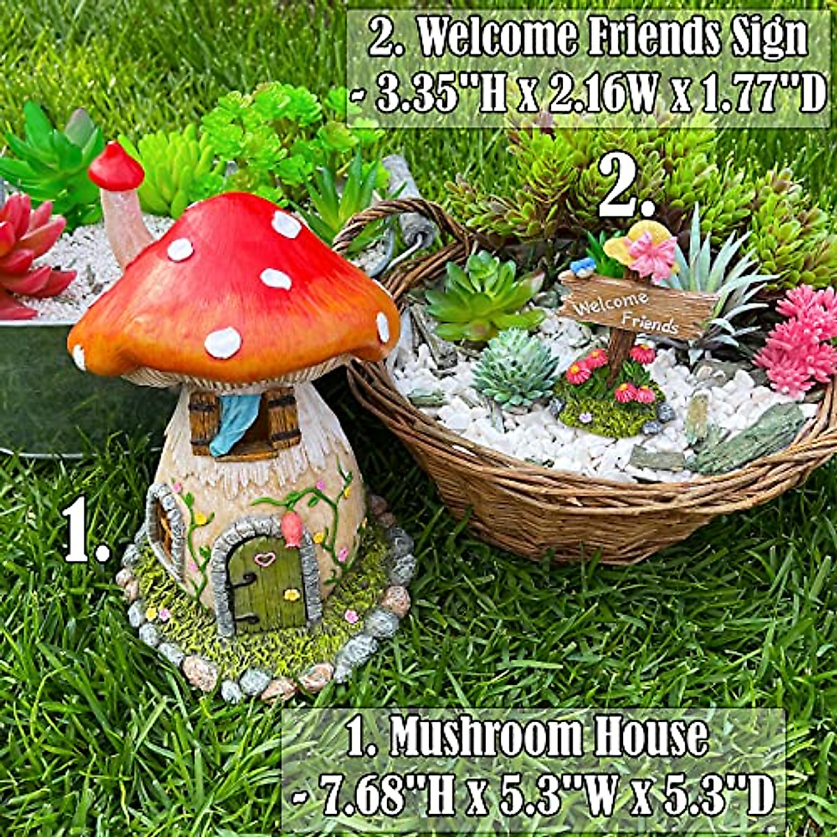Mood Lab Fairy Garden - Mushroom House Kit with Miniature Welcome Sign - Accessories Set of 2 pcs - 7.6 Inch Tall House