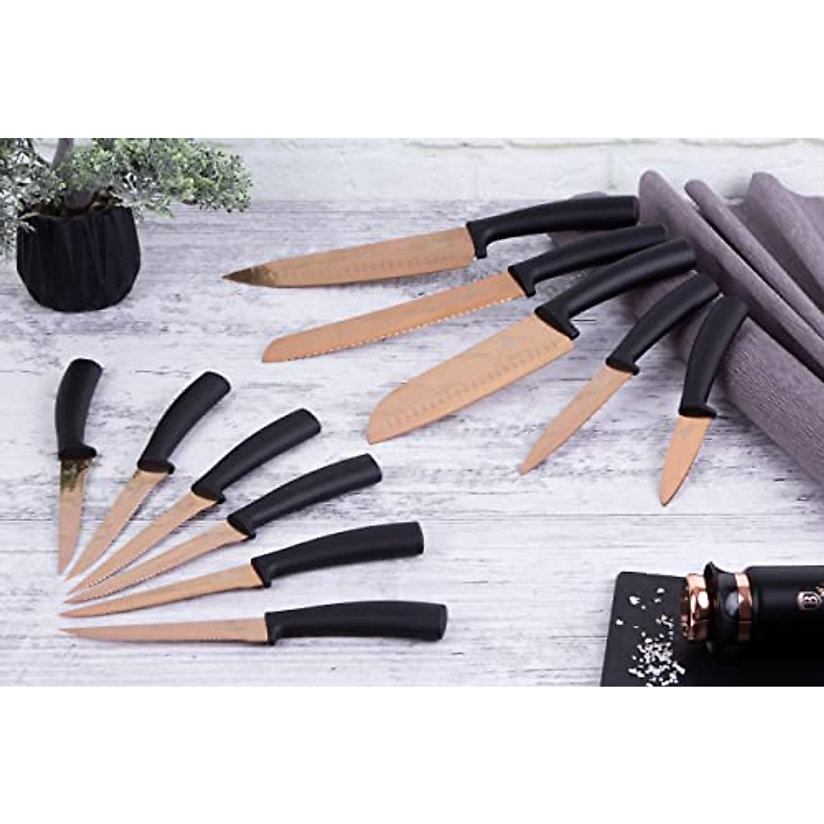 Berlinger Haus 11 Piece Knife Set, Eco Friendly Knives Set for Kitchen, Cooking Knives with Ergonomic Handles, Sharp Cutting Stainless Steel Chef Knife Set, Rose Gold