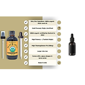 Organic Black Seed Oil 4oz - Cold Pressed Unrefined High Thymoquinone 1.7% USDA Certified - Turkish Origin Potent Nigella Sativa Liquid - Vegan Omega 3 6 9, Antioxidant Immune Boost Joints Skin Hair