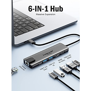 Lemorele USB C Hub 4K 60Hz, 6 in 1 USB C Multiport Adapter w/4K HDMI, 2 USB-A 3.0, Gigabit Ethernet, 100W PD, USB C 3.0 5Gbps Data Port for MacBook Pro/Air M1 2020, iPad Pro 2021 /Mini 6, Surface Pro