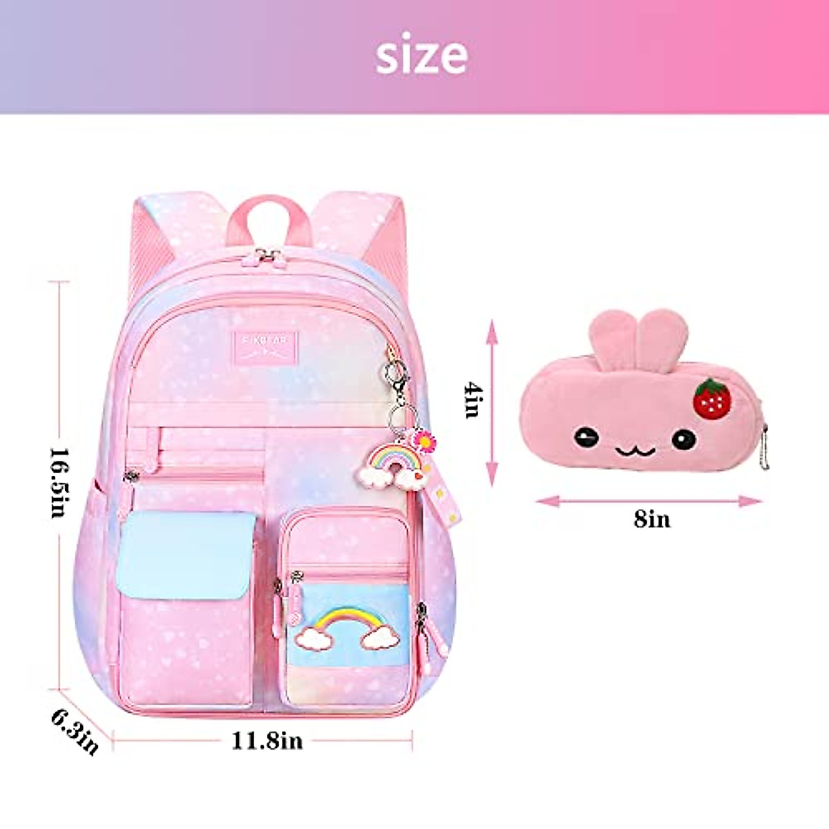 Kawaii Backpack Pink Girls Backpack Starry Rainbow Bookbag Cute Fashion Backpack Laptop Travel Bag (Pink-16.5in)