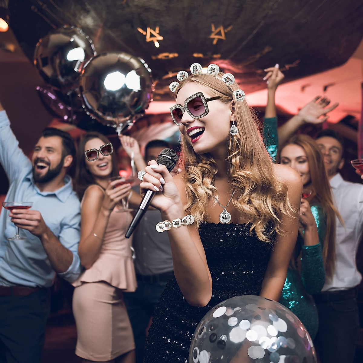 Fahacop 6 Pack 1970s Disco Accessories Set Disco Ball Headband Necklaces Bracelet Ring Earrings and Square Crystal Sunglasses for Women Girls Dress Up Dance Party Accessories