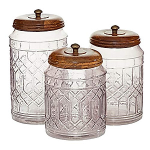 Deco 79 Glass Decorative Jars with Wood Lids, Set of 3 8", 9", 11"H, Clear