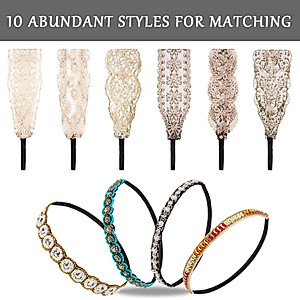 WILLBOND 10 Pieces Rhinestone Beaded Headbands Elastic Elegant Lace Handmade Headwraps Wide Hair Bands Vintage Crystal Jewelry Hairbands for Women Hair Accessories