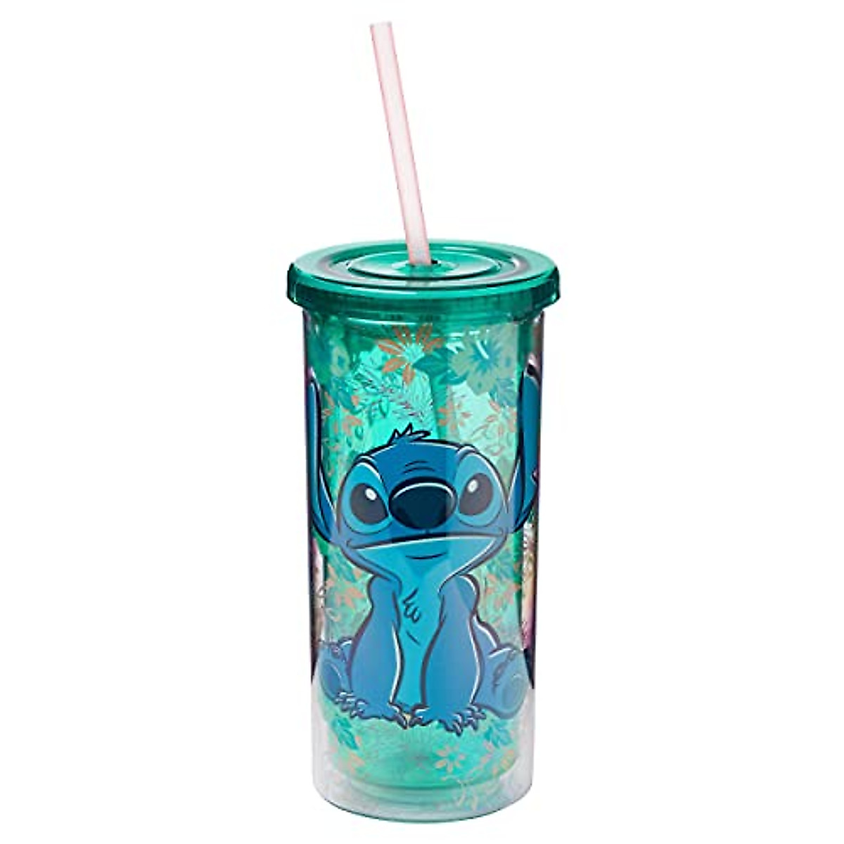 Silver Buffalo Lilo and Stitch Tropical Pattern Plastic Tall Tumbler/Cold Cup with Lid and Straw, 20-Ounce